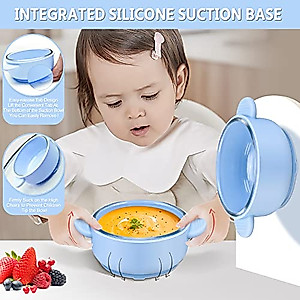 MAISON HUIS Baby Bowls with Suction for Toddlers, Silicone Bowls and Spoon Set for Babies Glass Bowl with Lid BPA Free Baby Led Weaning Supplies and Kids First Stage Feeding(Blue)