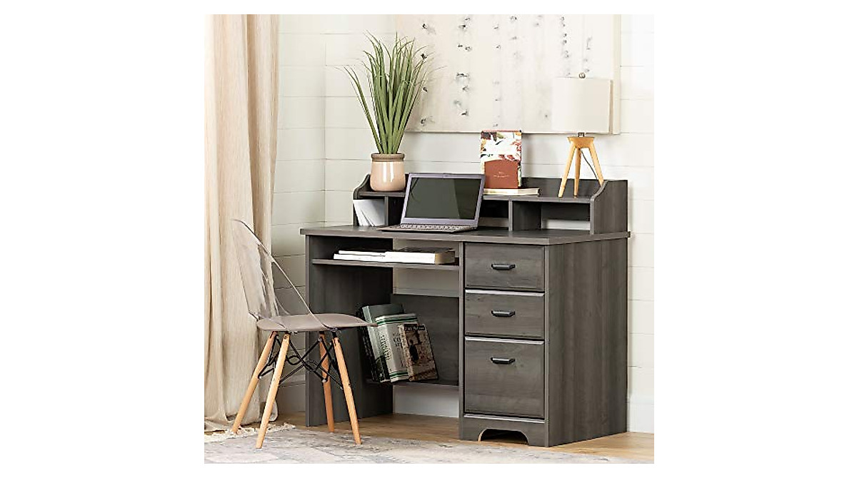 South Shore Versa Computer Desk with Hutch | Gray Maple Office Solution