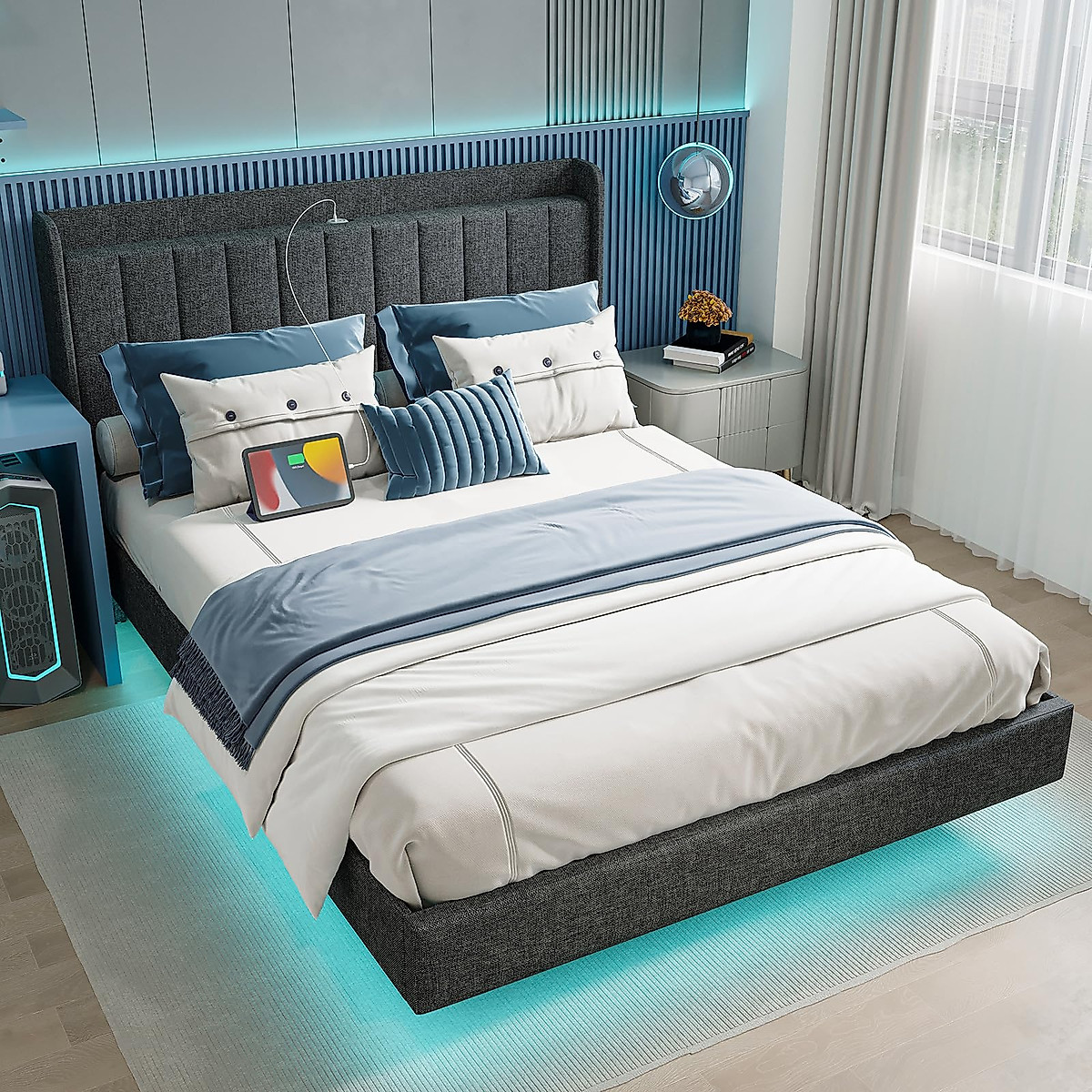 Saudism Upholstered Bed Frame with Storage Headboard, USB Ports, LED Lights - Queen Size, Floating, Noise-Free, Dark Grey