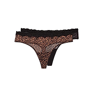 Smart & Sexy Women's Lace Trim & Mesh Panty 2 Packs Sexy Thongs & Cheeky Bikinis, Classic Leopard/Black Hue Thong, 6