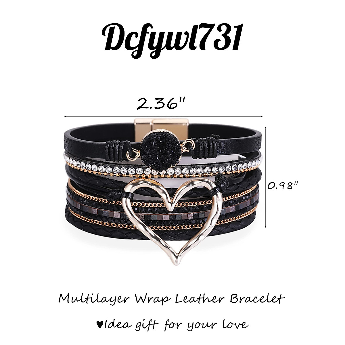 Dcfywl731 Multilayer Wrap Leather Bracelet Heart Modern Boho Bracelet Clasp Cuff Rhinestone Leather Bracelets for Women (Black)
