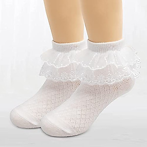 akkilar 5 Pairs Toddler Girl Frilly Lace Socks Cotton Thin Baby Kids Cute Mesh White Church Ankle Princess Dress Sock 2-13T
