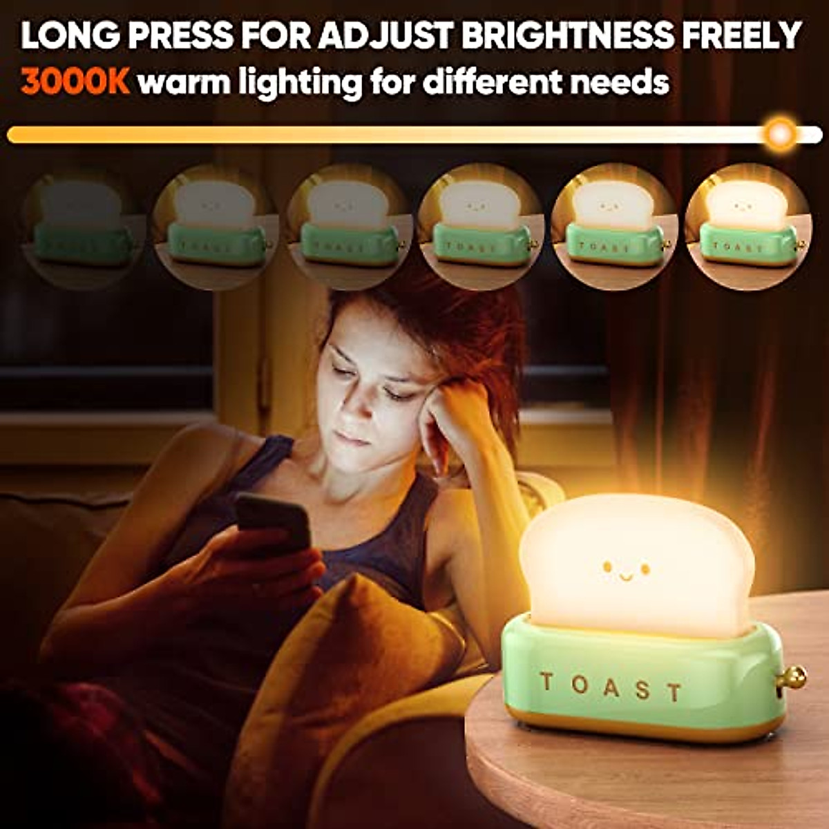 Cute Night Light, Kawaii Toast Night Lamp for Desk Decor, Table, Baby Nursery and Bedroom Room Decor Aesthetic, Dimmable Rechargeable Toaster Bread Lamp Gifts for Teens, Kids, Girls and Boys, Green