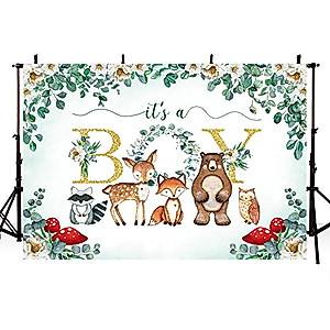 AIBIIN 7x5ft Woodland Baby Shower Backdrop It's A Boy Green Leaves Bear Foxes Owl Photography Background Baby Shower Party Decorations Banner Photo Studio Props