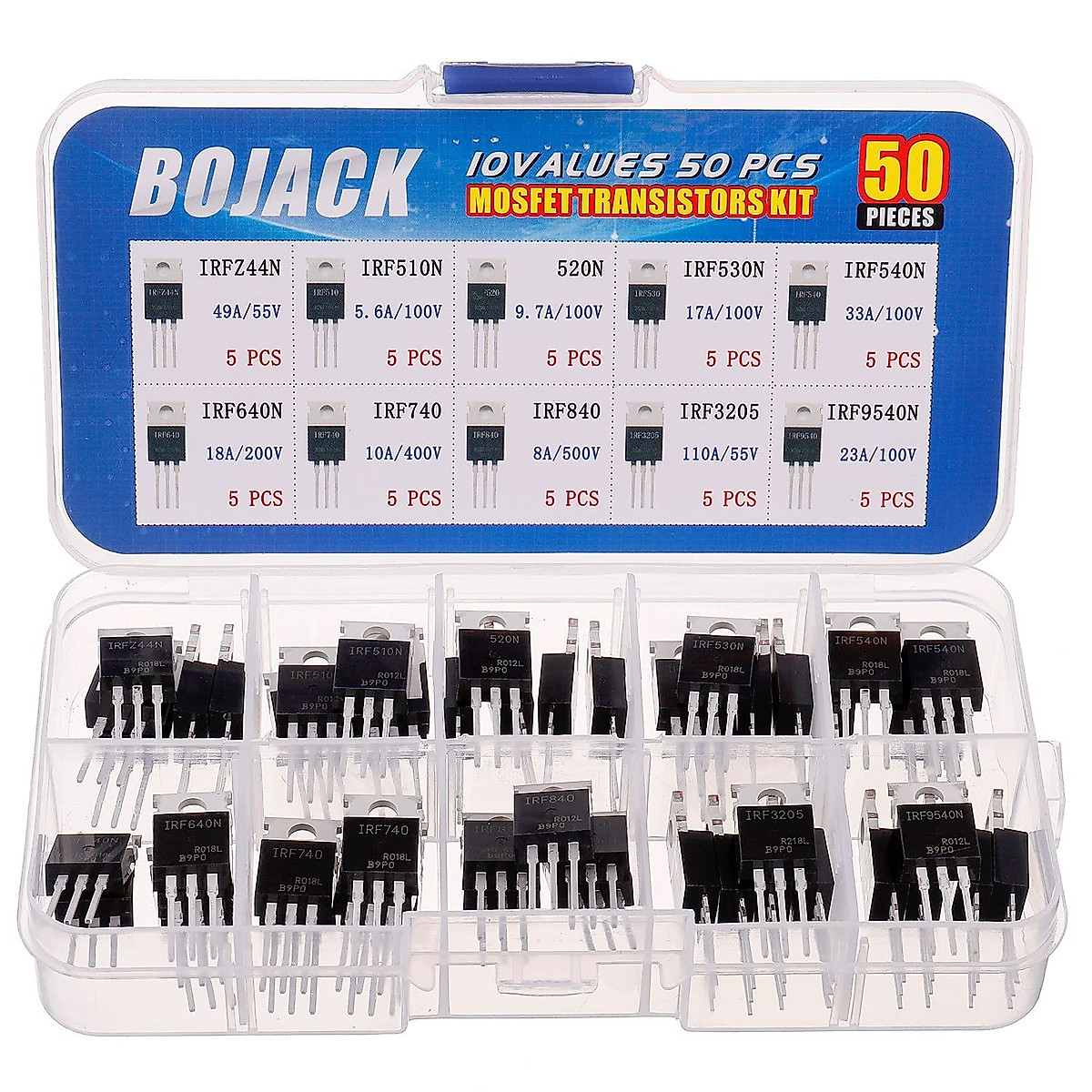 BOJACK 10 Values 50 Pcs IRFZ44N IRF510N IRF530N IRF540N IRF640N IRF740 IRF840 IRF3205 IRF9540 IRF Series transistors MOSFET Assortment Kit