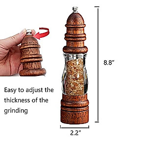Funly mee 8.5inch Acrylic and Wooden Salt and Pepper Grinder Set, Manual Pepper Mill Sets Salt Grinder, Adjustable Coarseness - 2 Pack