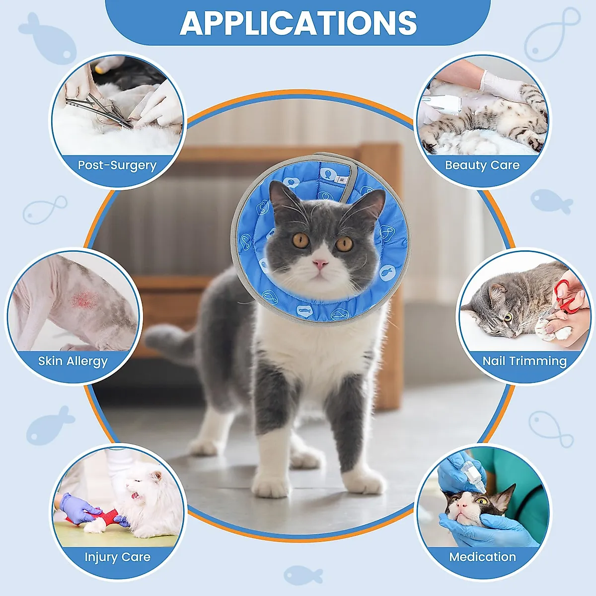IDOGCHEW Cat Cone Collar Soft, Cat Cones to Stop Licking, Adjustable Cat Cone Water Resistant, Foldable, Adjustable, Lightweight (Blue Fish, Small)