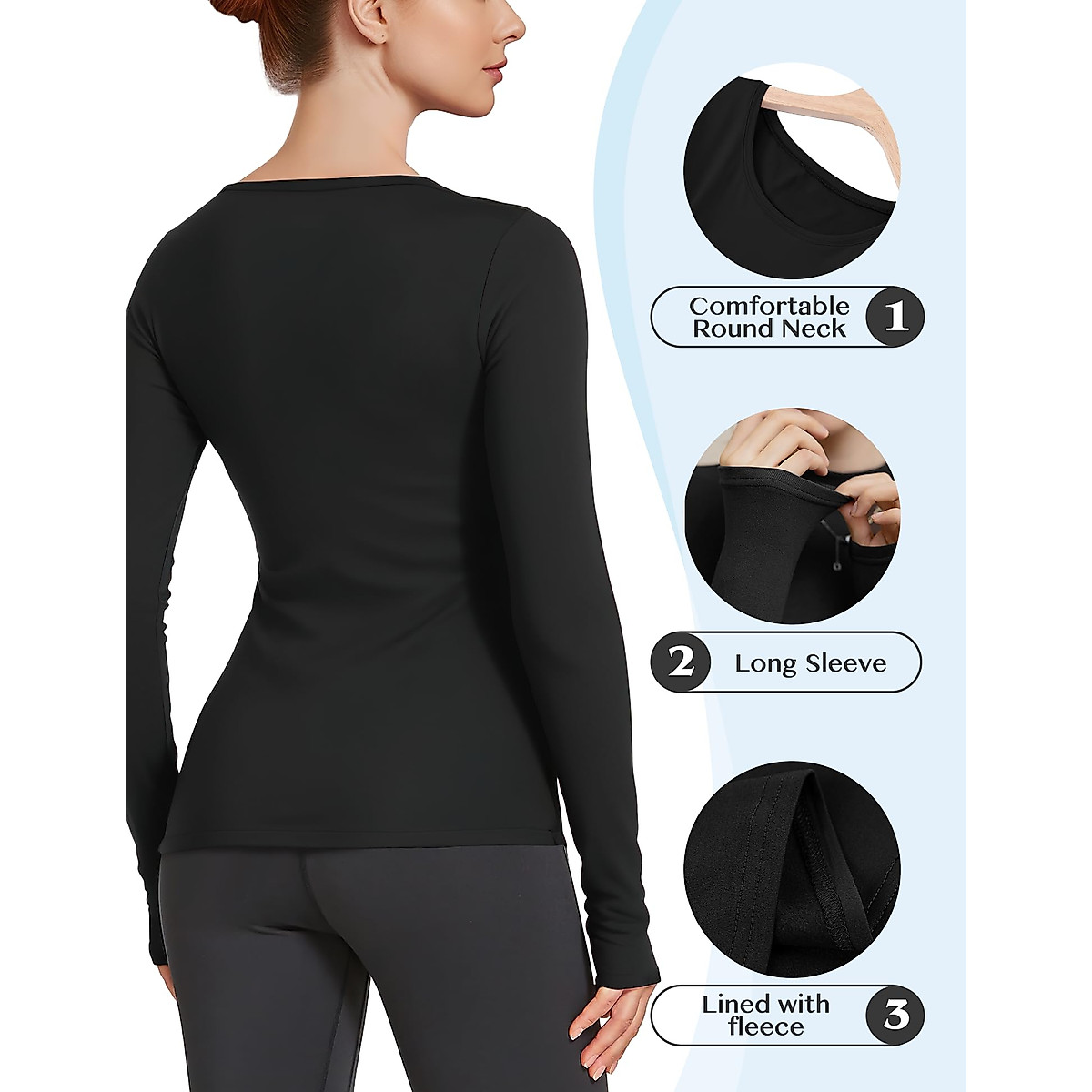 YOGINGO Women's Long Sleeve Thermal Underwear Lightweight Compression Base Layer Warm Shirt 2023 Stretchy Durable Women Fashion Clothing Fall Winter Fashion Premium Comfort XS-2XL Winter Tops Black
