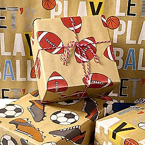 RUSPEPA Kraft Wrapping Paper Sheet - Football and Birthday Printed, Great for Boys, Baby Shower, Holiday - 12 Sheets Packed as 2 rolls - 17.5 x 30 Inch per sheet