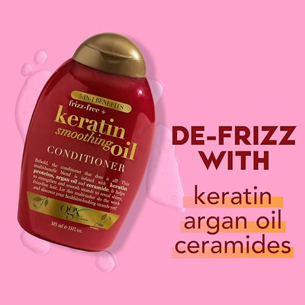 OGX Frizz-Free + Keratin Smoothing Oil Conditioner, 5 in 1, for Frizzy Hair, Shiny Hair, RED, 385 ml