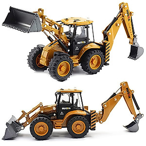 Gemini&Genius Backhoe Loader Toy for Kids- Loader with Changeable Front Loader and Backhoe Loader Construction Vehicle Toy 1/50 Scale 2 in 1 Digger and Loder Alloy Model Toys Vehicle Gifts for Kids