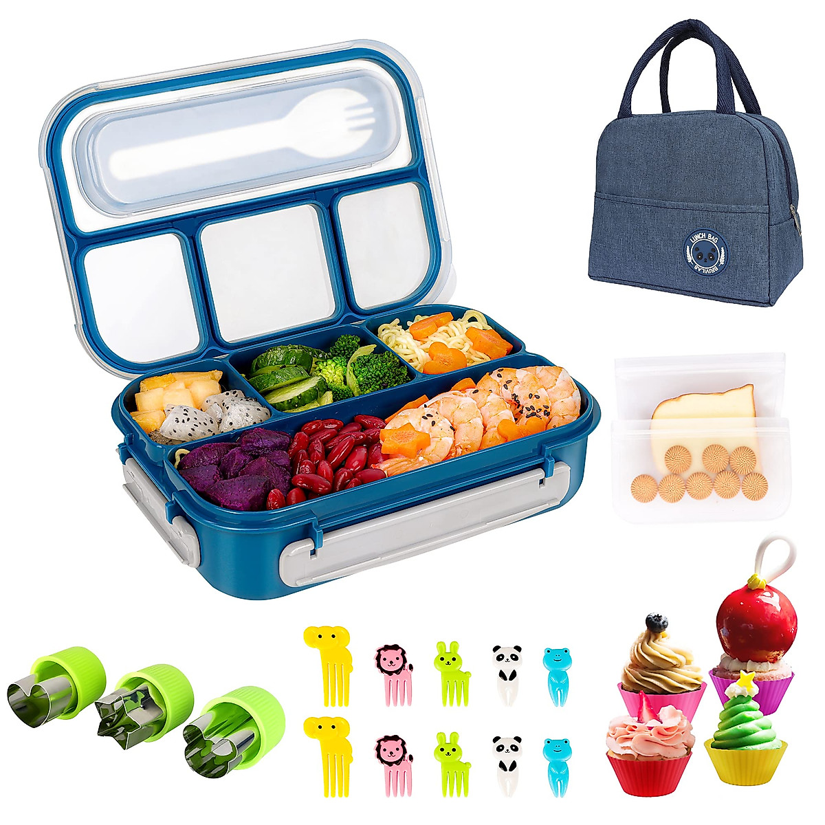 Kishilly Bento Lunch Box for Kids/Adult, Microwavable Kids Containers With Bag Mini Cookie Cutters Fruit Picks Silicone Cup Reusable Storage Bags School,Work and Picnic, Blue, 22.5 * 19 * 7cm