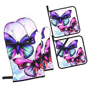 4-Piece Oven Glove and Pot Holder,Purple Butterfly (2),Heat-Resistant Oven Glove and Pot Holder,Can Be Used for Cooking and Grilling