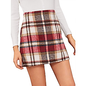 MakeMeChic Women's Plaid Skirt High Waisted Pencil Mini Skirt D Beige red L
