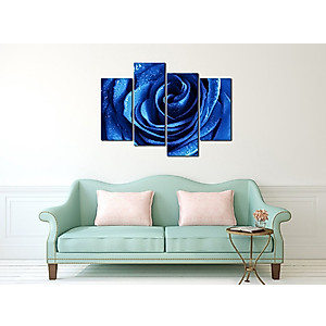 Wieco Art Blue Rose with Dew Canvas Wall Art Abstract Romantic Flower Pictures Paintings Wall Art for Living Room Bedroom Decorations Wall Decor Large 4 Panels Modern Canvas Prints Artwork