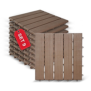 CLOVERHOLM Pack of 9 Composite Deck Tiles, Interlocking Patio Tiles, Decking Tiles Outdoor Waterproof All Weather, Outdoor Shower, Balcony Floor, Porch Flooring, Poolside Walkway (12 Inch, Brown)
