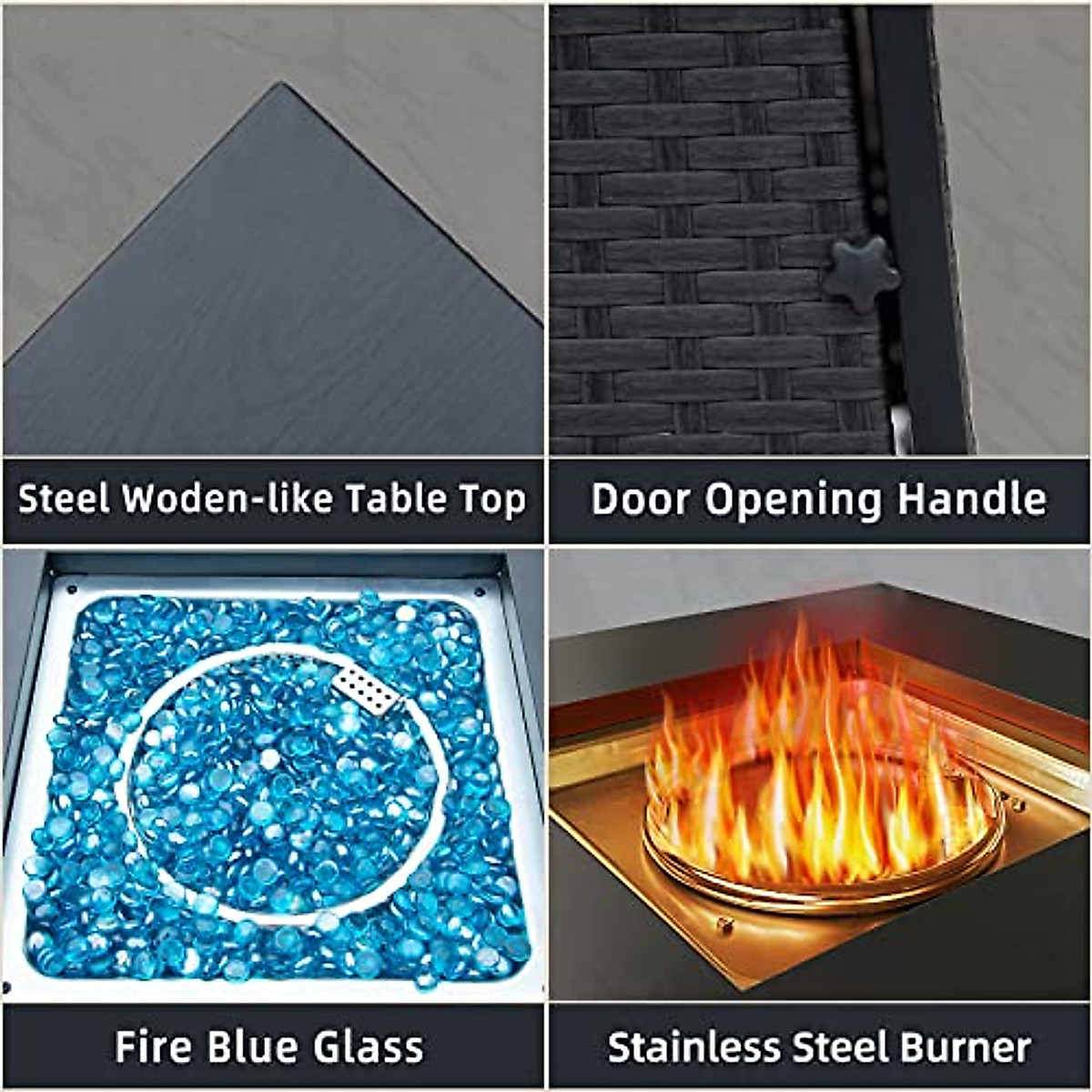 Domi Gas FirePit Table, 28 Inch 50,000 BTU Outdoor Wicker Patio Propane Firepit w/Blue Glass Rocks, Hideaway Tank Holder, ETL Certification, Cover Lid, Wood Look Tabletop (Square)