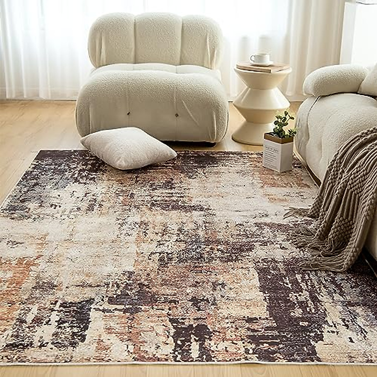 OIGAE Washable Rug 5x7, Abstract Modern Area Rugs with Non-Slip Backing, Non-Shedding Floor Mat Throw Carpet for Living Room Bedroom Kitchen Laundry Home Office, Gold/Brown