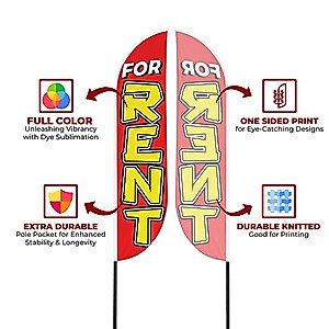 For Rent Sign feather flag for Outdoor by Mavis Printing | 11.5 FEET Long Polyester Outdoor Banner Flag for Easy Hang | HD Print Swooper I Flag Only to Advertise Real Estate BusinessI Flag Only