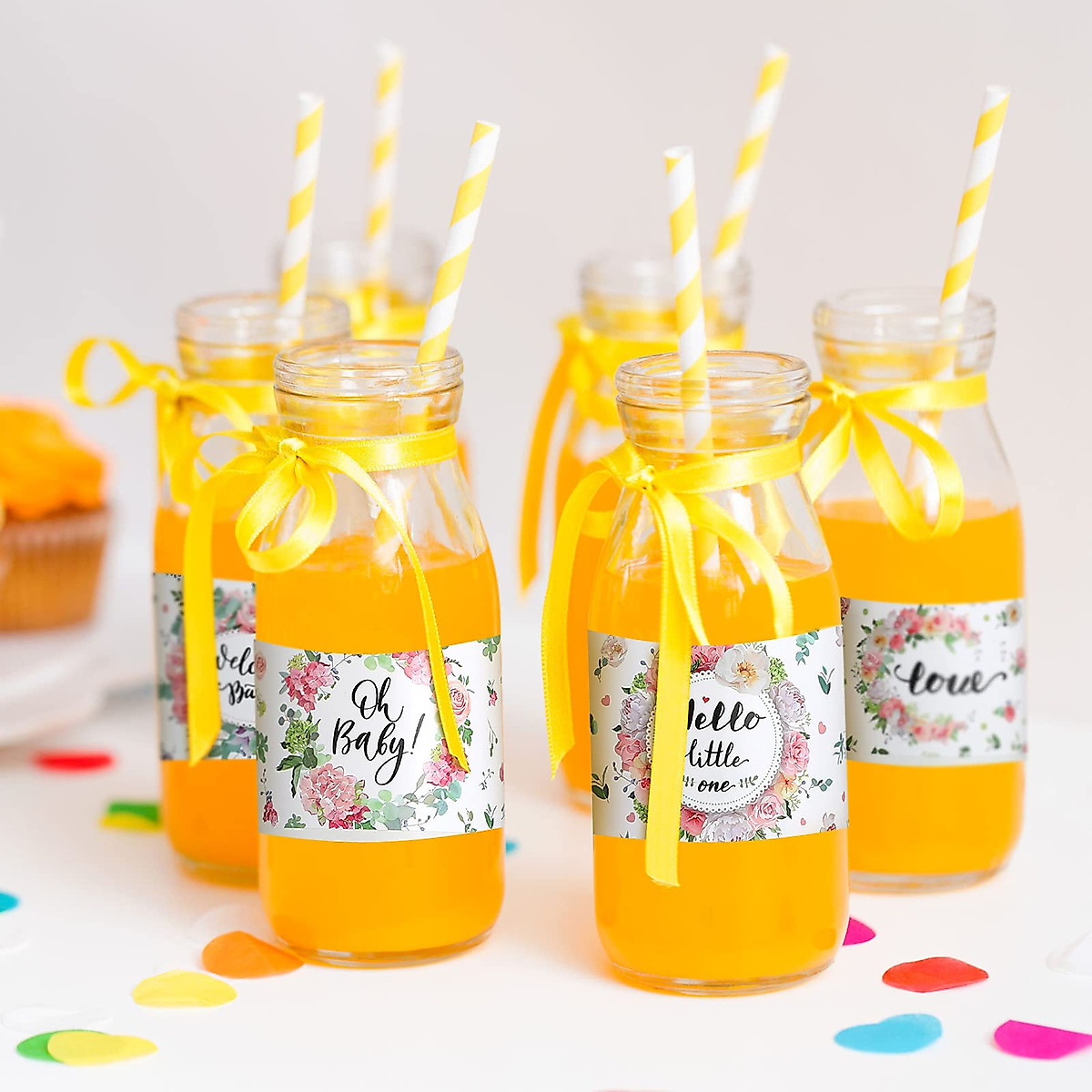 Chinco 48 Pieces Waterproof Baby Shower Water Bottle Labels Pink Water Bottle Wrappers Floral Bottle Labels Unisex Water Bottle Sticker Labels Shower Decorations for Baby Birthday Party, 4 Styles