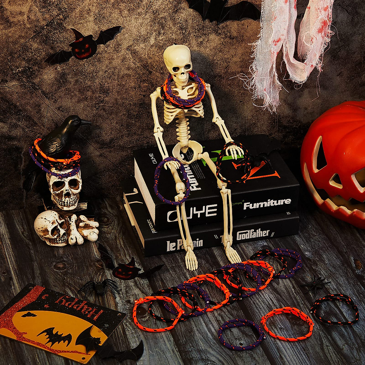 Dingion 90 Pieces Halloween Bracelets Bulk Nylon Friendship Bracelets for Kids Orange Black Purple Adjustable Neon Woven Rope Bracelets Goodie Bag Stuffers Halloween Party Favor