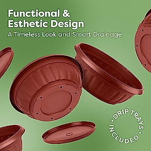 KameL Plant Pots Set of 5 | 15 Inches Garden Bowl Planter | Wide Shallow Planter Best for Outdoor and Indoor Use | Extra-Large Plastic Terracotta Color Flower Pots | w/ 10 Inches Plant Saucers