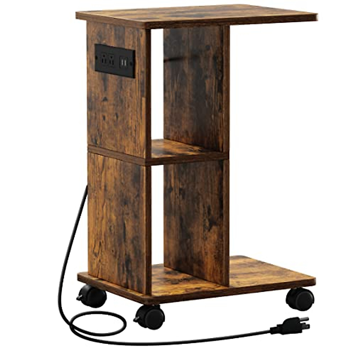 HILINSIE C Shaped End Table with Charging Station - Narrow Side Table with USB Ports and Outlets for Small Spaces, 3-Tier Storage Shelves Nightstand, 11.9 x 15.8 x 21.7 Inches, Rustic Brown