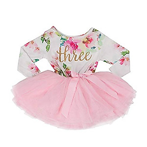 Grace & Lucille Toddler Birthday Dress (3rd Birthday) (Pink Floral Long Sleeve, Flat Heart Gold, 3T)