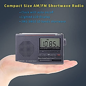 Portable AM FM SW 12 Bands Shortwave Radio, Small Walkman Digital Radio, Time Setting with Auto Power On/Off, High/Low Tone Mode, Build-in Speaker and Earphone Jack, Powered by DC or 2AA Battery