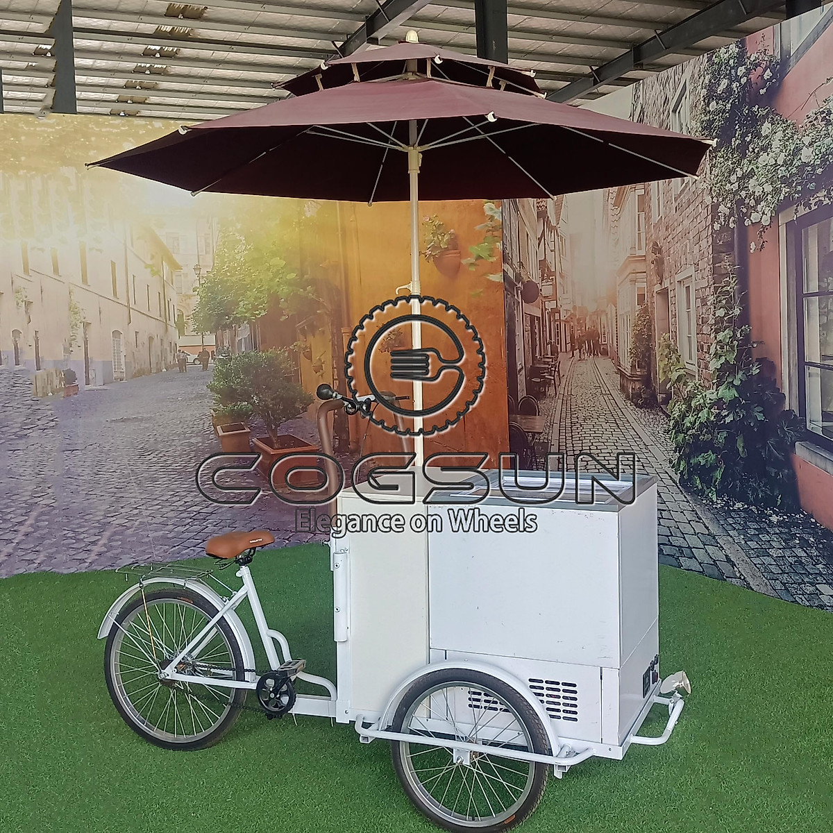 Ice Cream Cart Bicycle with Commercial Refrigerator Ice Cream Cart With Three Wheels for Business Food Vending Cart for Sale with Trailer Awning