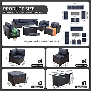 WAROOM Outdoor Patio Furniture Set 11 Piece Dark Brown Rattan Sectional Sofa PE Wicker Conversation Chairs with 45" Propane Fire Pit Table and Non-Slip 5" Thick Navy Blue Cushion