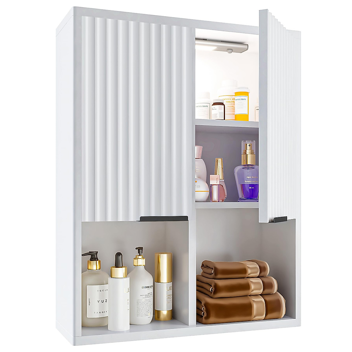 HAIOOU Fluted Bathroom Wall Cabinet with Motion Sensor Light, Curved Profile Wooden Medicine Cabinet Wall Mounted Cupboard, Wave Like Over Toilet Storage Cabinet with Buffering Hinges - Modern White