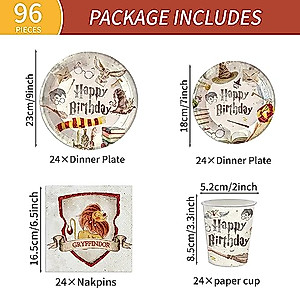 AURORAPARTY 96pcs Harry Birthday Party Supplies Potter Party Paper Plates Napkins Cups Kids Boys Birthday Decorations Birthday Disposable Party Tableware Set for 24 Guests