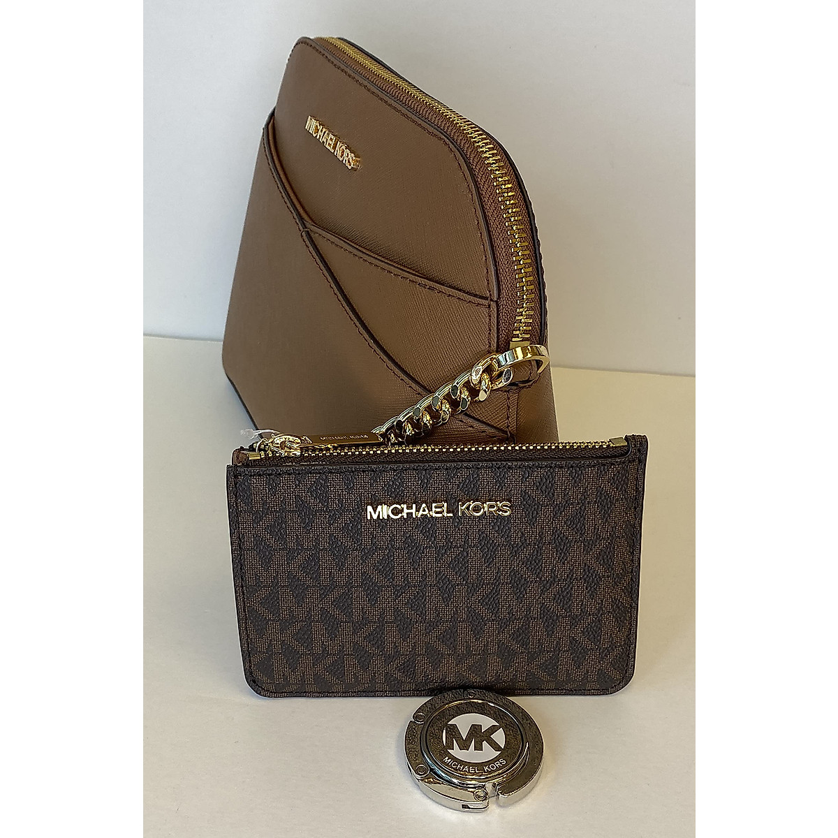 Michael Kors MICHAEL Michael Kors Jet Set Travel MD Dome XCross Crossbody bundled with SM TZ Coinpouch Purse Hook (Luggage/Signature MK Brown)