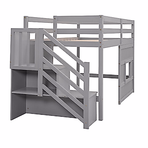 BIADNBZ Twin Size Low Loft Bed with Stairs, Solid Wood Bedframe w/Storage Staircase, for Kids Teens Bedroom, No Box Spring Needed, Gray