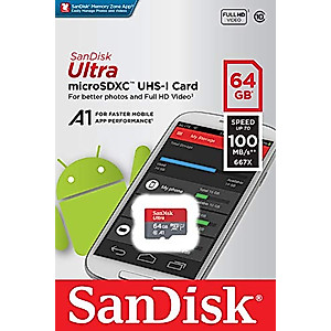 SanDisk 64GB Ultra MicroSDXC UHS-I Memory Card with Adapter - 100MB/s, C10, U1, Full HD, A1, Micro SD Card - SDSQUAR-064G-GN6MA