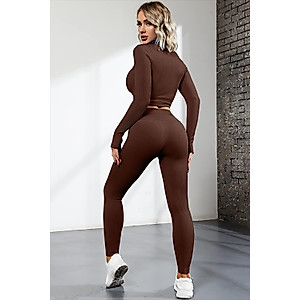 QINSEN Women Winter Workout Sets Funnel Neck Long Sleeve Sport Shirt Tummy Control Fitted Yoga Pants 2 Pieces Tracksuit Coffee M