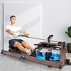 TRUNK Foldable Water Rowing Machine for Home Fitness, Classic Wood Water Rower with Bluetooth Monitor Whole Body Exercise Cardio Training (Included an Dust Cover and Phone Holder)