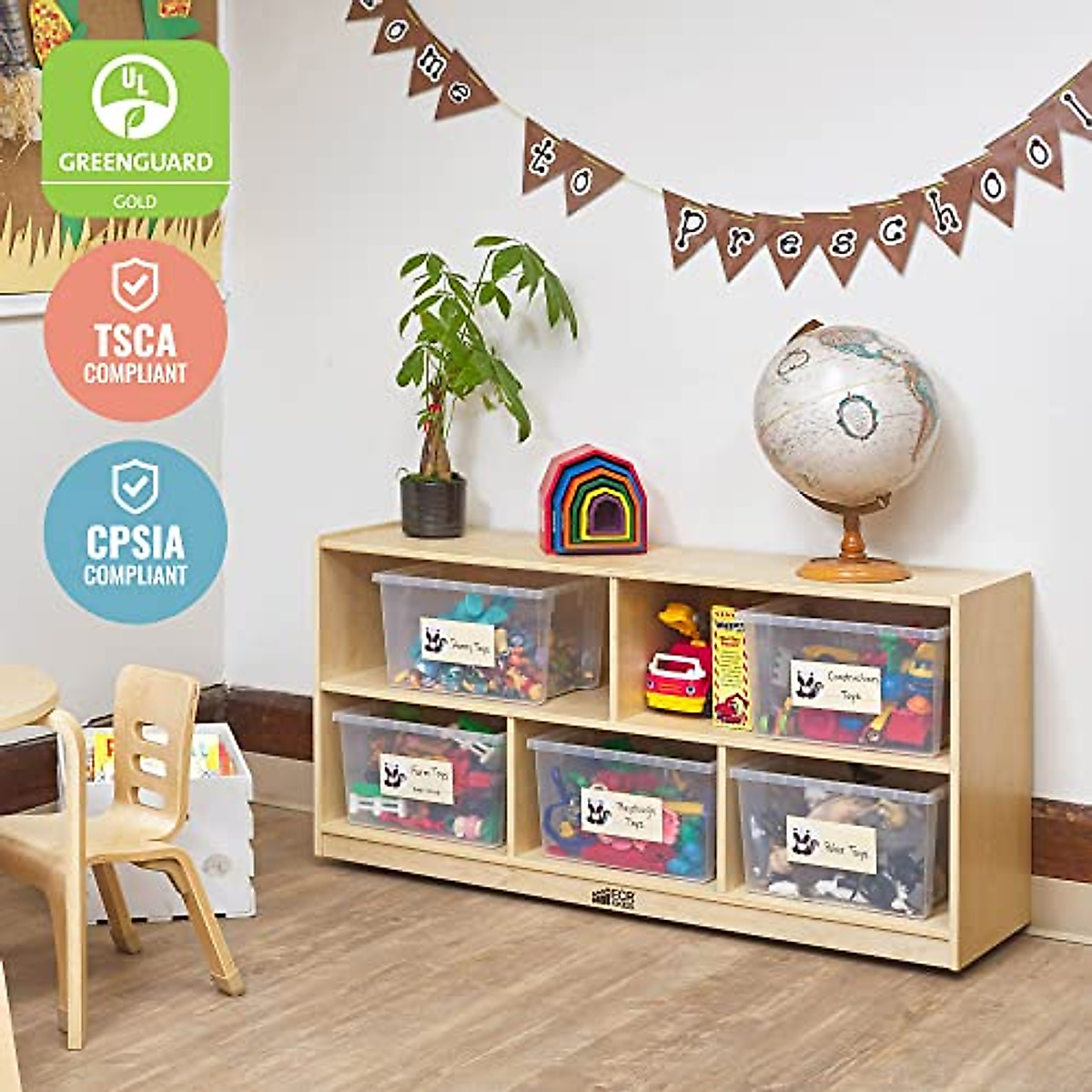 ECR4Kids 5-Compartment Mobile Storage Cabinet, 24in, Classroom Furniture, Natural