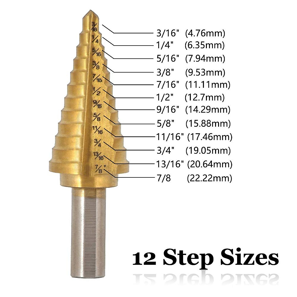 Saiper Titanium Step Drill Bit 3/16" to 7/8" (12 Step Sizes) HSS 4241 Triangle Handle Step Drill Bits Drill Holes for Plastic, Aluminum, PV Plate