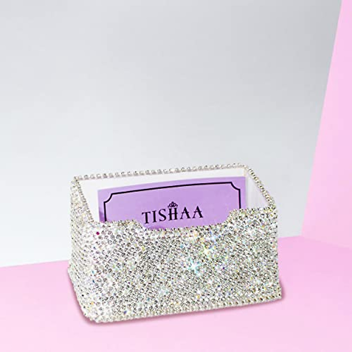 TISHAA Business Card Holder Stand - Bling Name Cards Office Desk Desktop Table Top Organizer Luxury Display Pocket Case Accessories White Crystal Rhinestone Glitter
