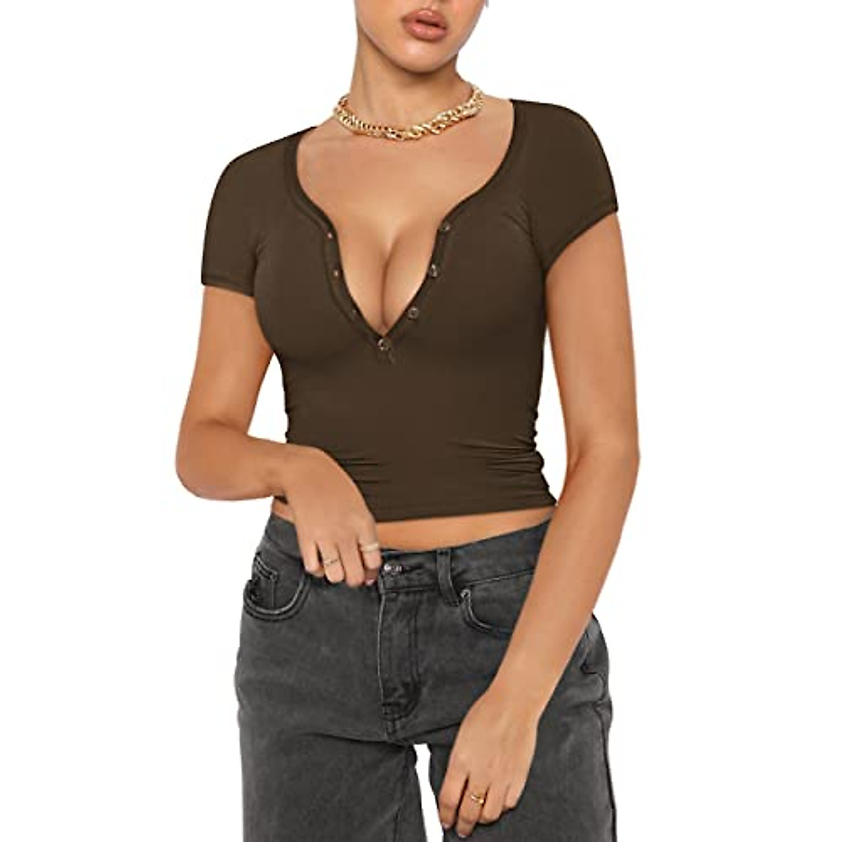 REORIA Women’s Summer Sexy Casual Henley V Neck Button Down Short Sleeve Going Out Y2K Ribbed Tshirts Crop Tops Coffee Large