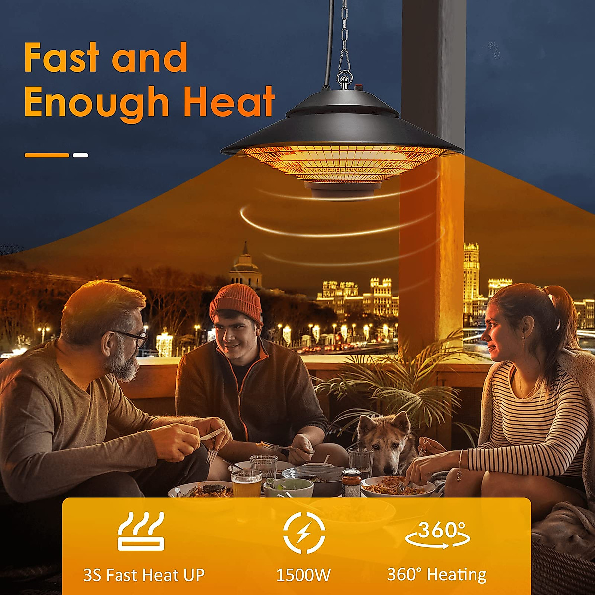 ZIPEAK Outdoor Heater - Hanging Patio Heater - Outdoor heaters for patios - 1500W Electric Heater with Remote, IP65 Waterproof Infrared heater for Indoor and Outdoor Use (Black GS)