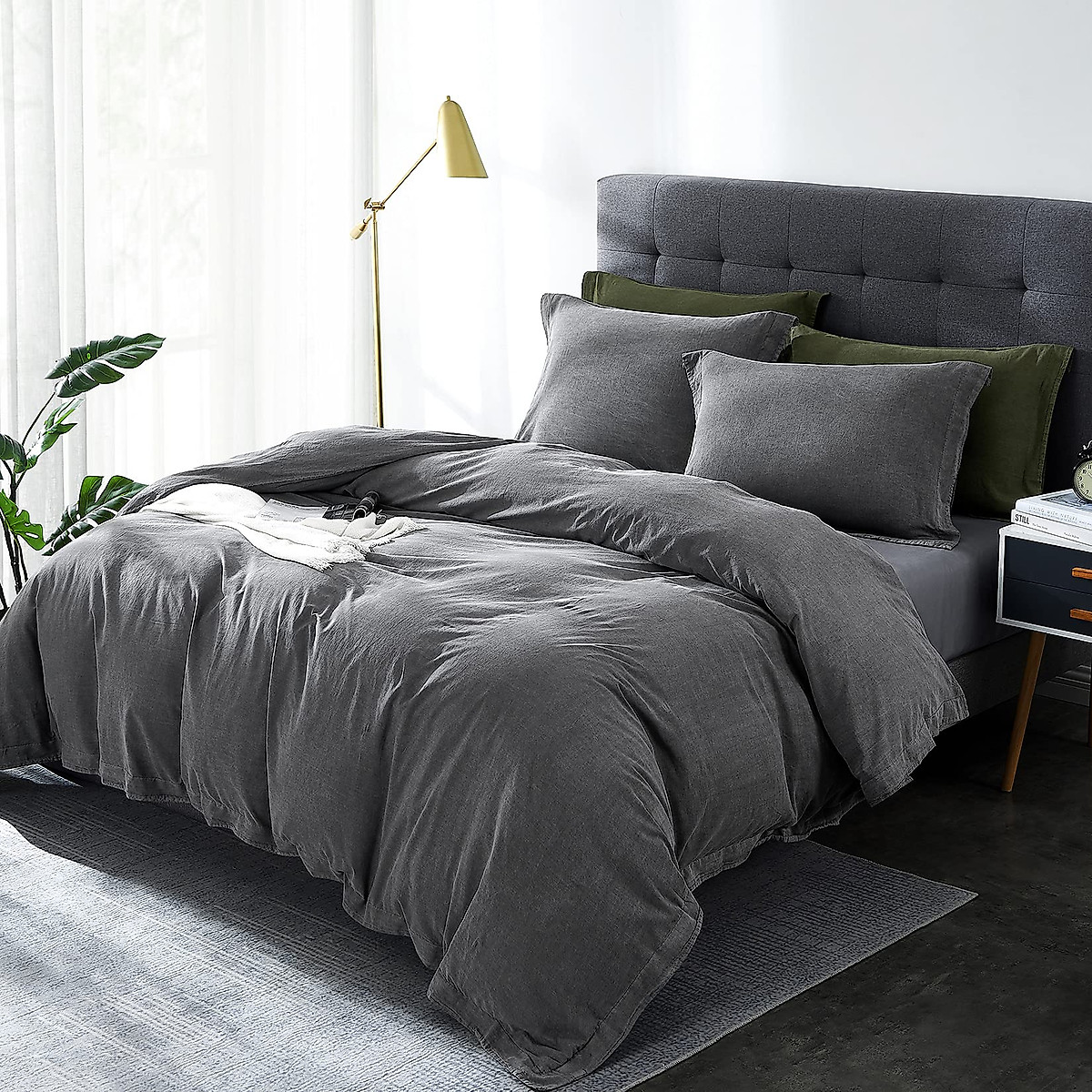 CAROMIO Grey Duvet Cover Queen Cotton, Ultra Soft Comfortable Bedding Set for Summer, Washed Cotton Duvet Cover Set 1 Duvet Cover + 2 Pillowcases(Dark Grey, Queen/Full, 3 PCS)