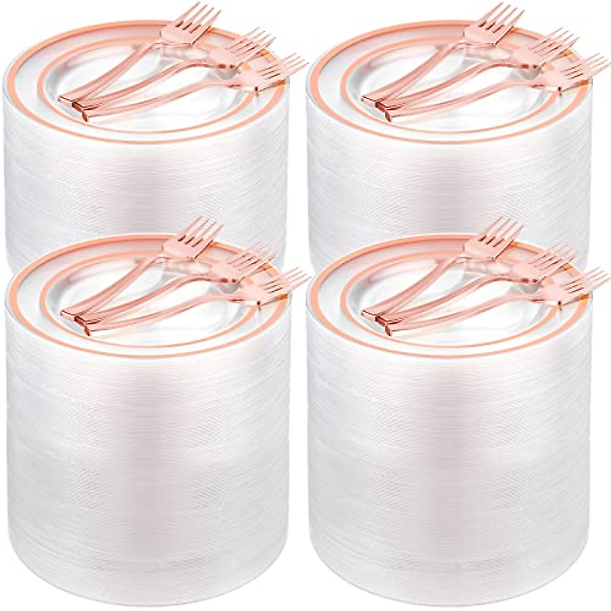 300 Pieces Plastic Dessert Plate Sets 150 Fork and 150 Small Clear Cake Plate Rim Disposable Plate Round Plastic Dessert Party Plate 6 Inch Fancy Salad Plate Appetizer Plate for Wedding (Rose Gold)