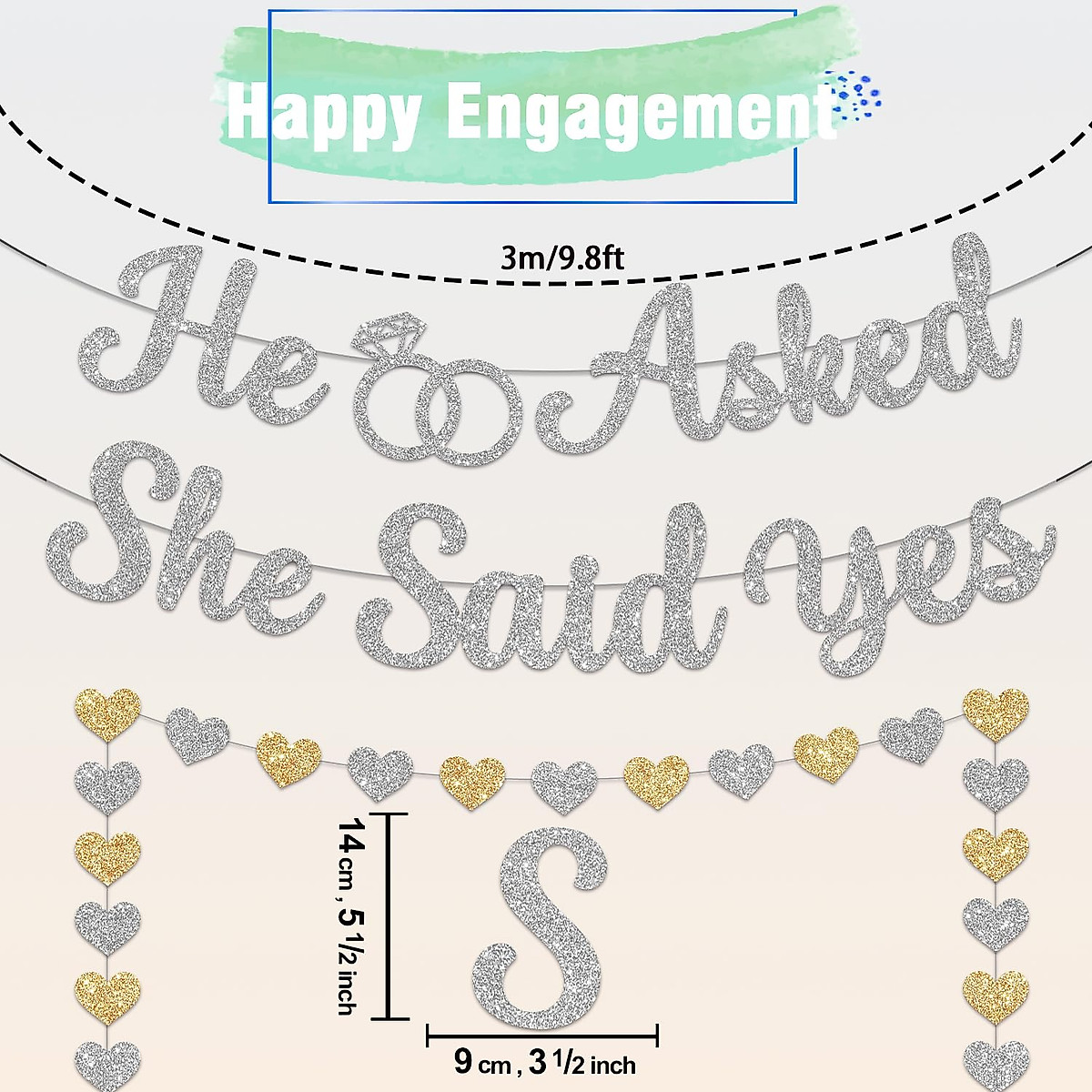He Asked She Said Yes Banner Silver Glitter, No-DIY She Said Yes Decorations Banner with Heart Garland, Engagement Party Decorations Silver for Wedding Engagement Bridal Shower Party Decorations