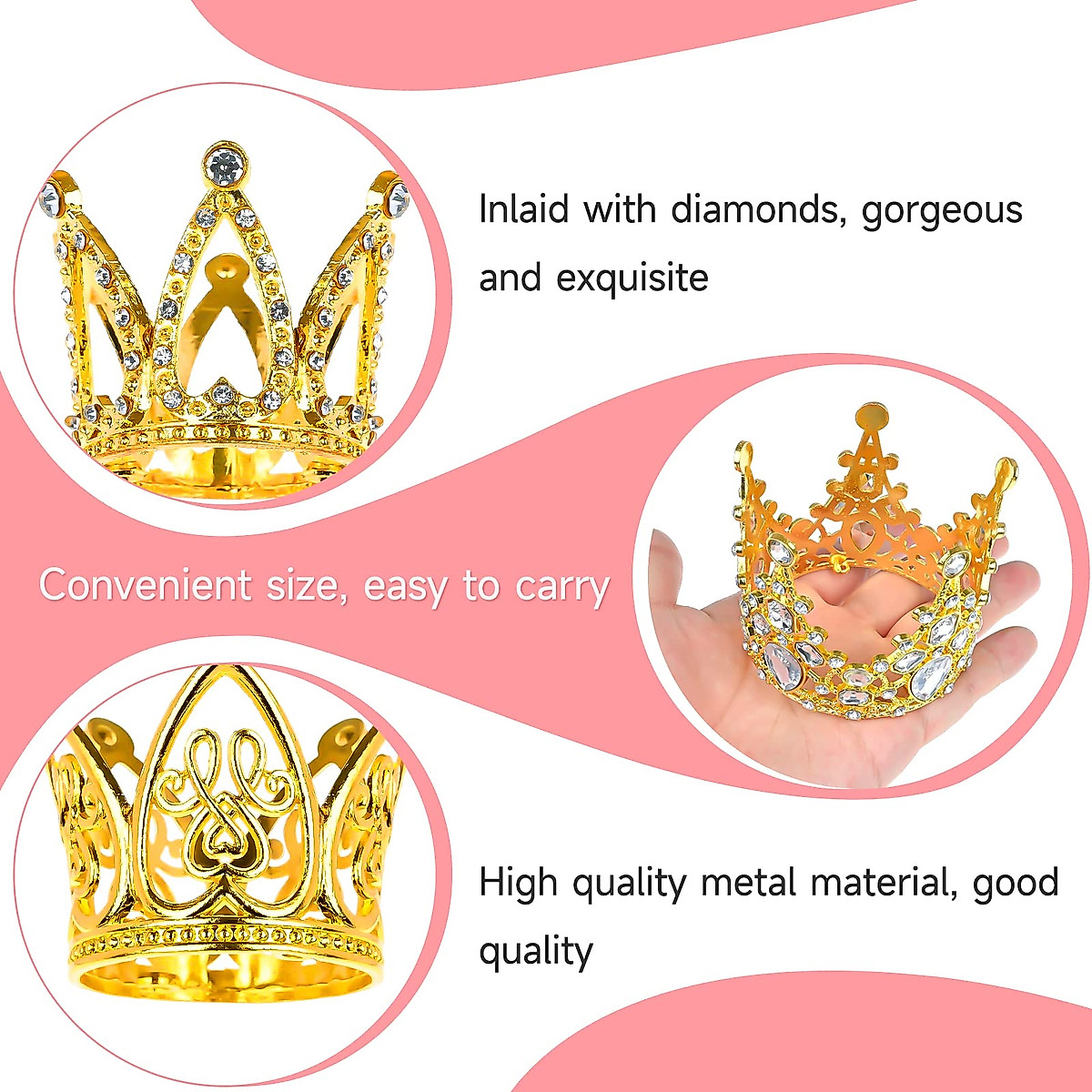 30 Pcs Gold Crown Cake Topper Mini Small Crowns Pearl Rhinestone Princess Cupcake Toppers for Flower Arrangements Glittering Cake Decoration for Girl Lady Bridal Wedding Birthday Party, 3 Style