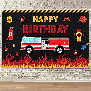 Firetruck Birthday Backdrop Banner Decor Black - Fire Truck Happy Birthday Party Theme Decorations for Fireman Boys Men Supplies