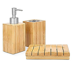 Navaris Bamboo Bathroom Accessories Set - 3-Piece Bath Set with Toothbrush Holder, Liquid Soap Dispenser, Soap Dish - Bath Accessory Trio 3 Pieces