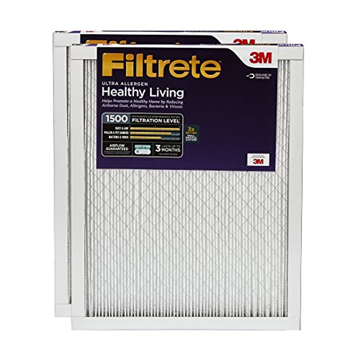 Filtrete 16x24x1 Air Filter, MPR 1500, MERV 12, Healthy Living Ultra-Allergen 3-Month Pleated 1-Inch Air Filters, 2 Filters